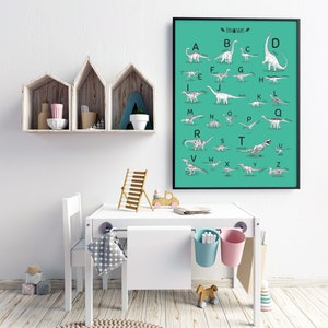 Turquoise Alphabet Dinosaurs Print, Portrait ABC Poster, Nursery ...