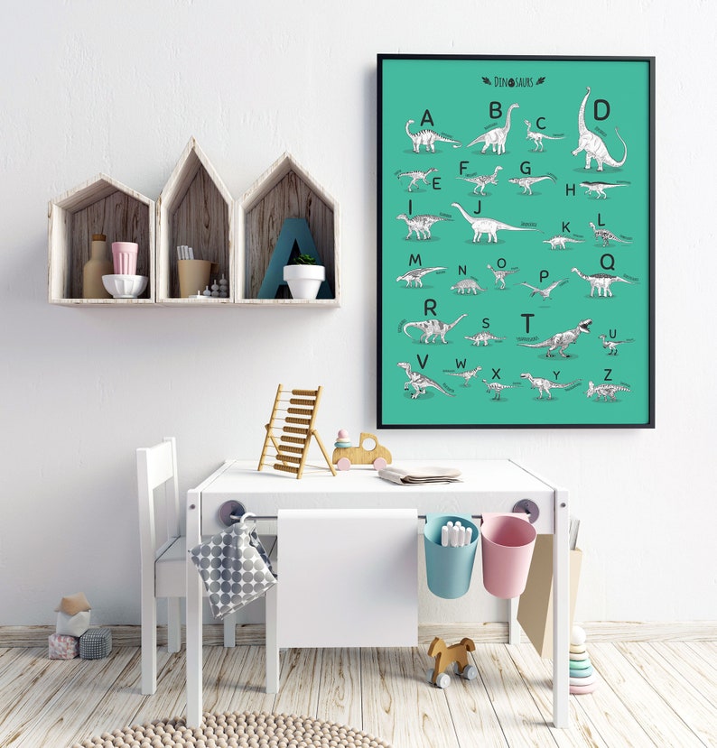 Turquoise Alphabet Dinosaurs Print Portrait ABC Poster - Etsy