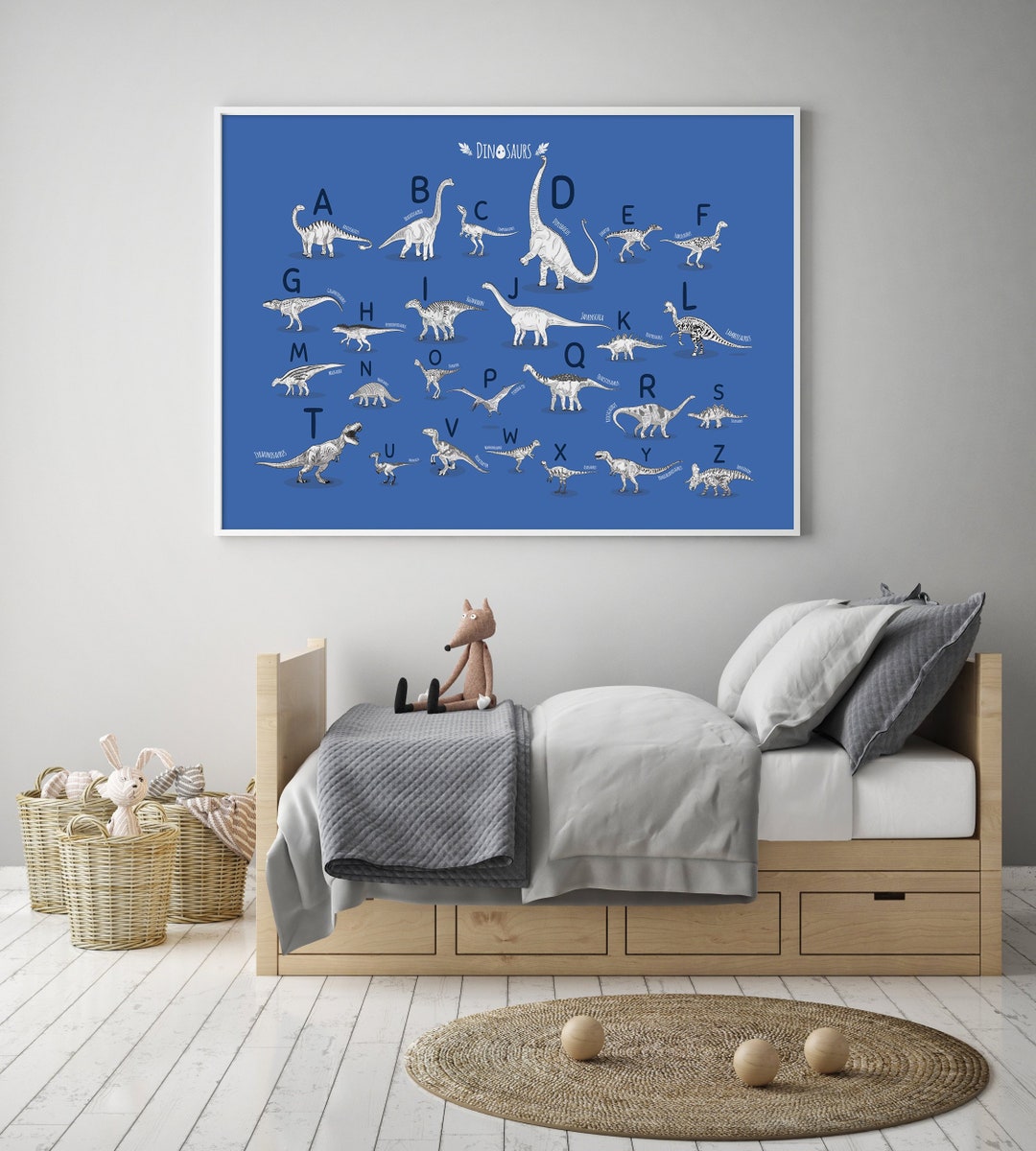 Dinosaurs Alphabet Print, Landscape, ABC Poster, Nursery Alphabet Blue ...