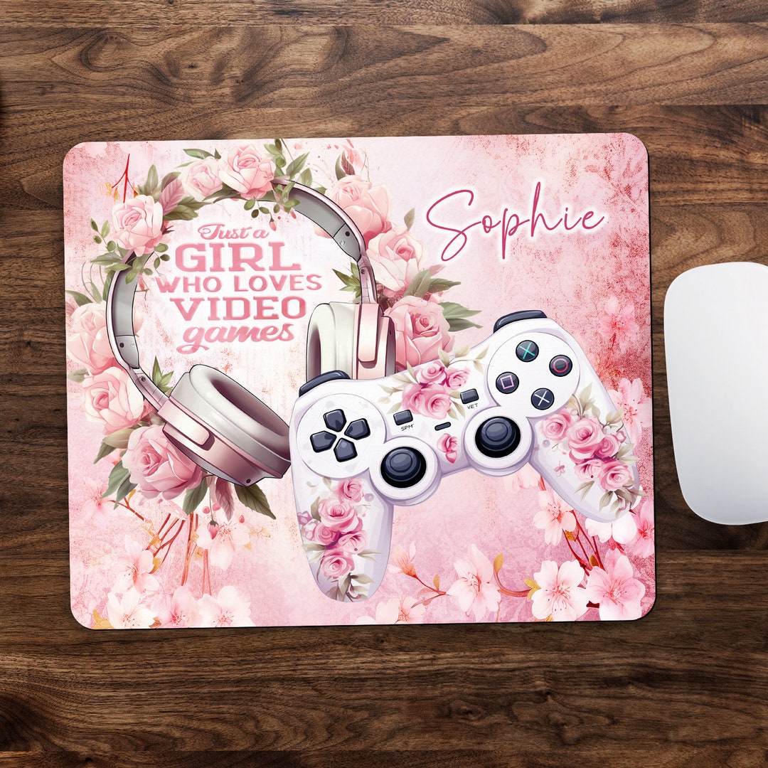 Personalised Gamer Girl Pink Roses Floral Mouse Pad, PC Laptop Computer ...