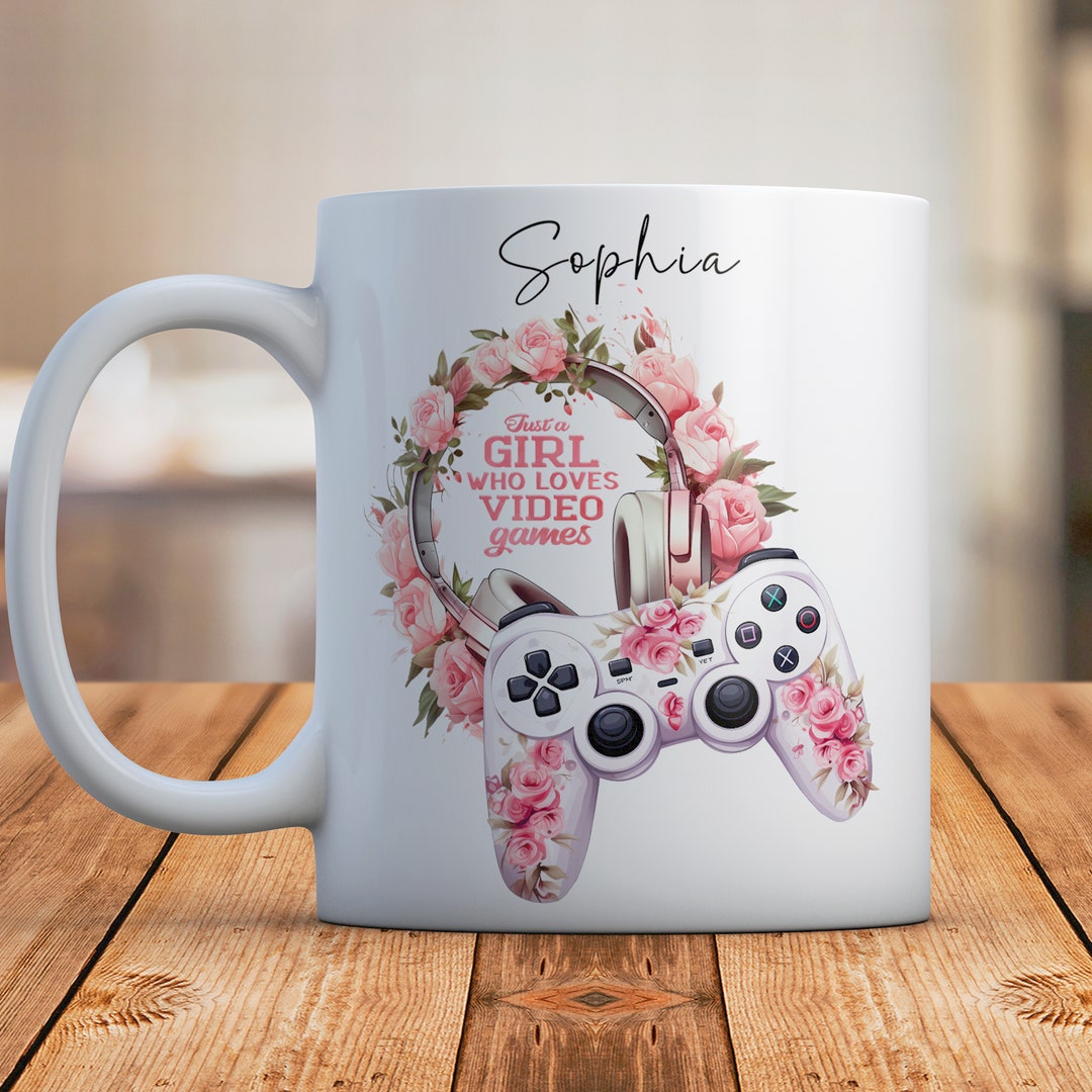 Personalised Gamer Girl Pink Roses Floral Coffee Mug, Gaming Girl ...