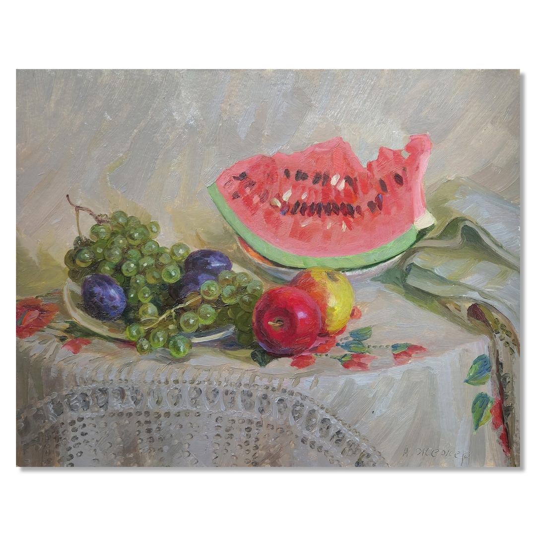 Original Vintage Still Life | Watermelon, Grapes, Plums & Apples | Oil ...