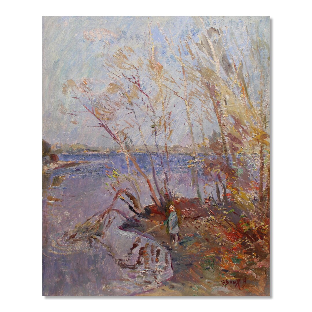 Autumn River Scene | River Fishing Scene | Vintage Oil Painting ...