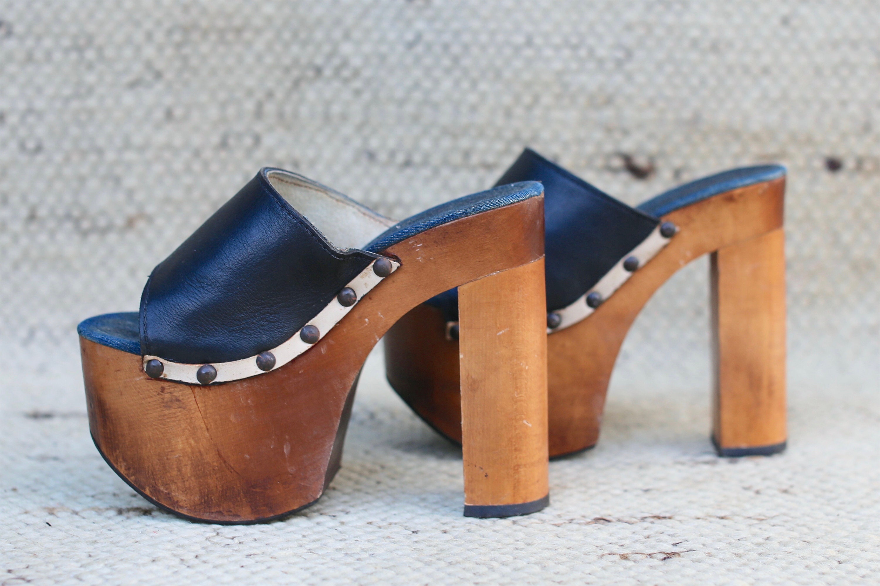 Rare Vintage 1970s Leather Platform Mules Sandals Pumps L Retro Leather ...