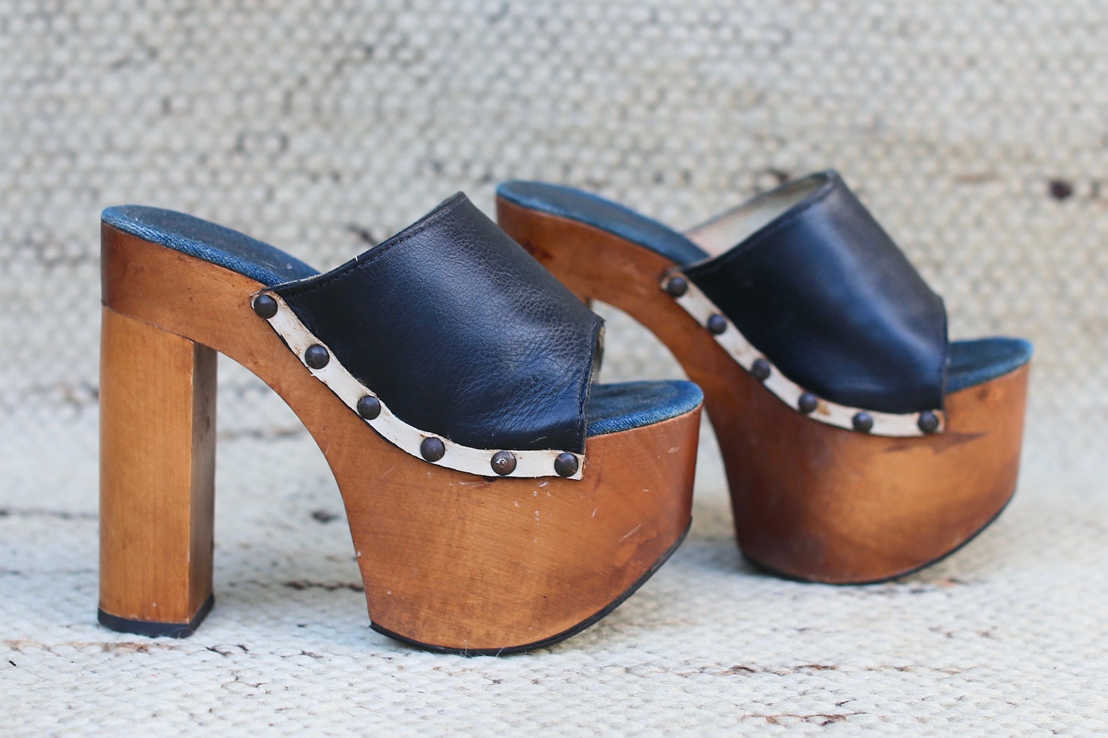 Vintage 1970s Boho Leather Platform Mules: Wooden Heel Sandals for ...
