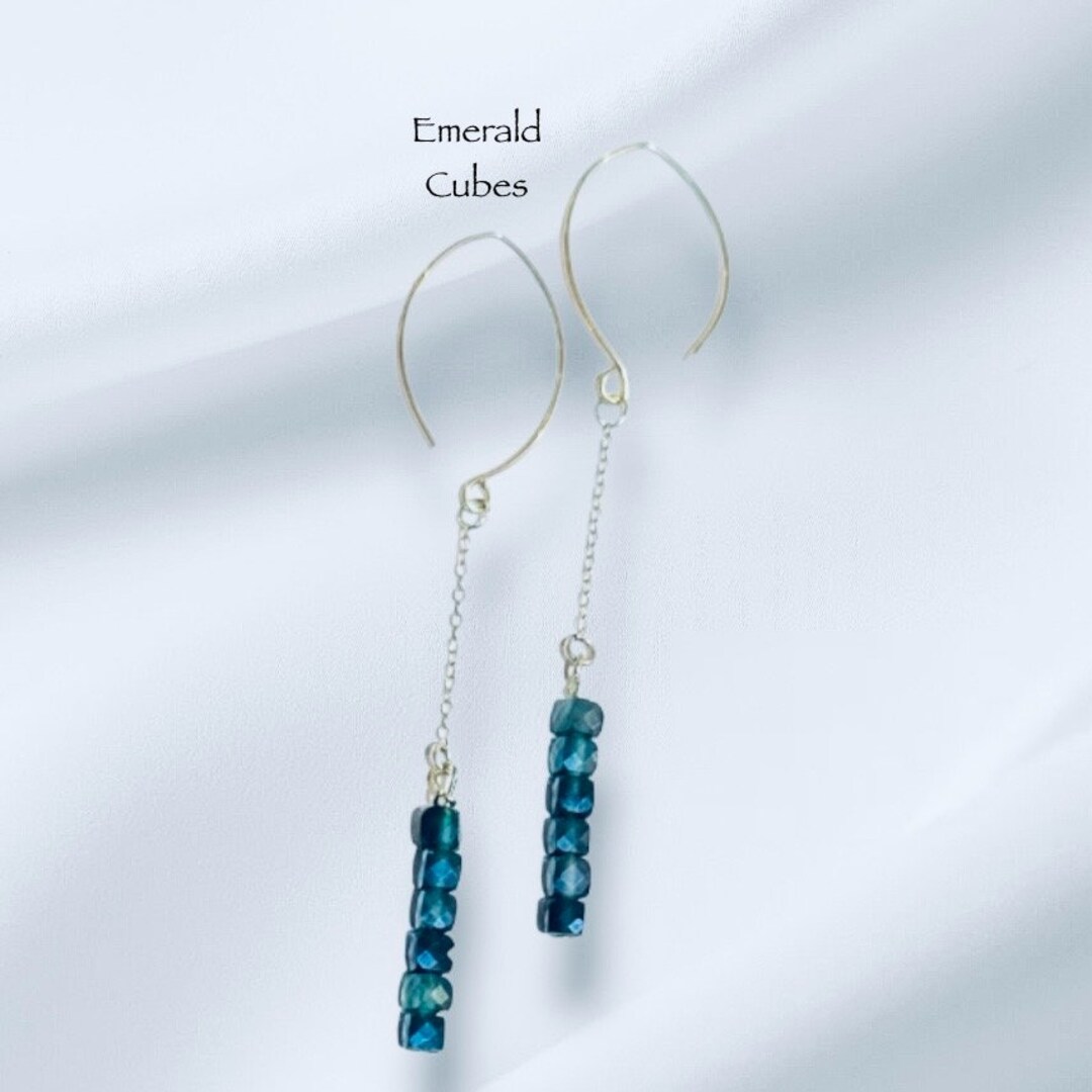 Delicate Emerald Cube Earrings: Long Gold Filled Gemstone Dangles - Etsy