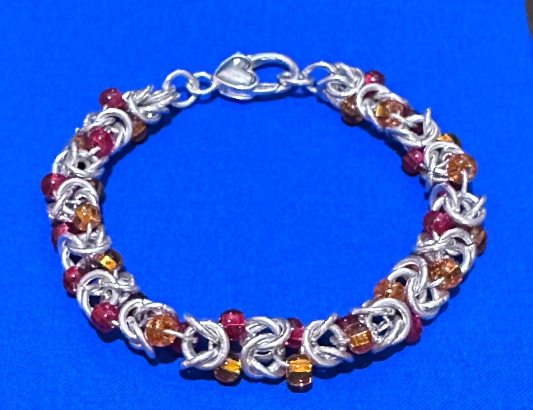Silver Plated Chain Maille Bracelet With Glass Beads, Byzantine ...