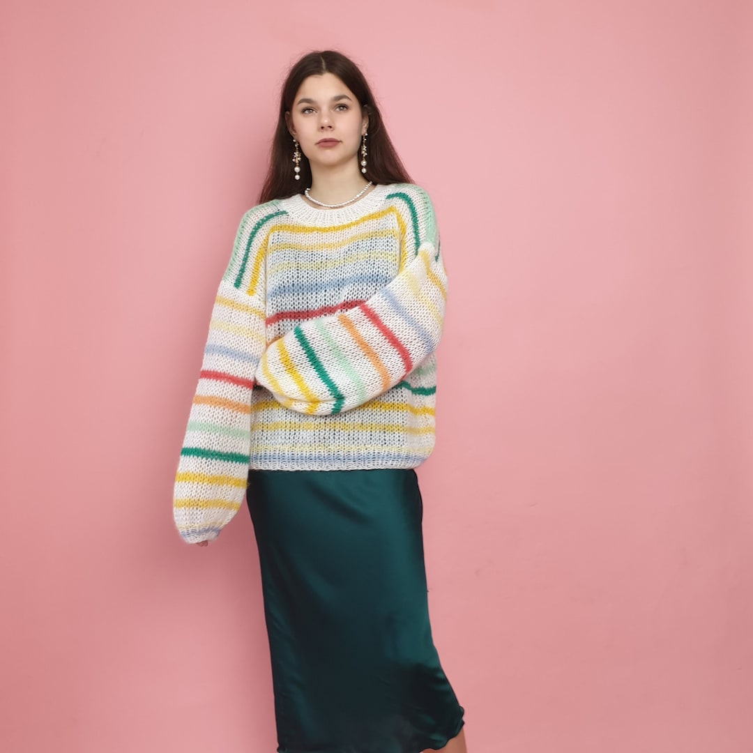 Multicolor Knit Sweater Personalized Sweater Woman Rainbow Mohair Crew ...