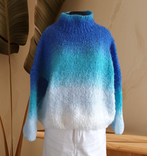 Gradient Sweater Blue Stripe Ombre Mohair Pullover Color Gradient Sweater Blue Stripe Ombre Mohair Pullover Color
