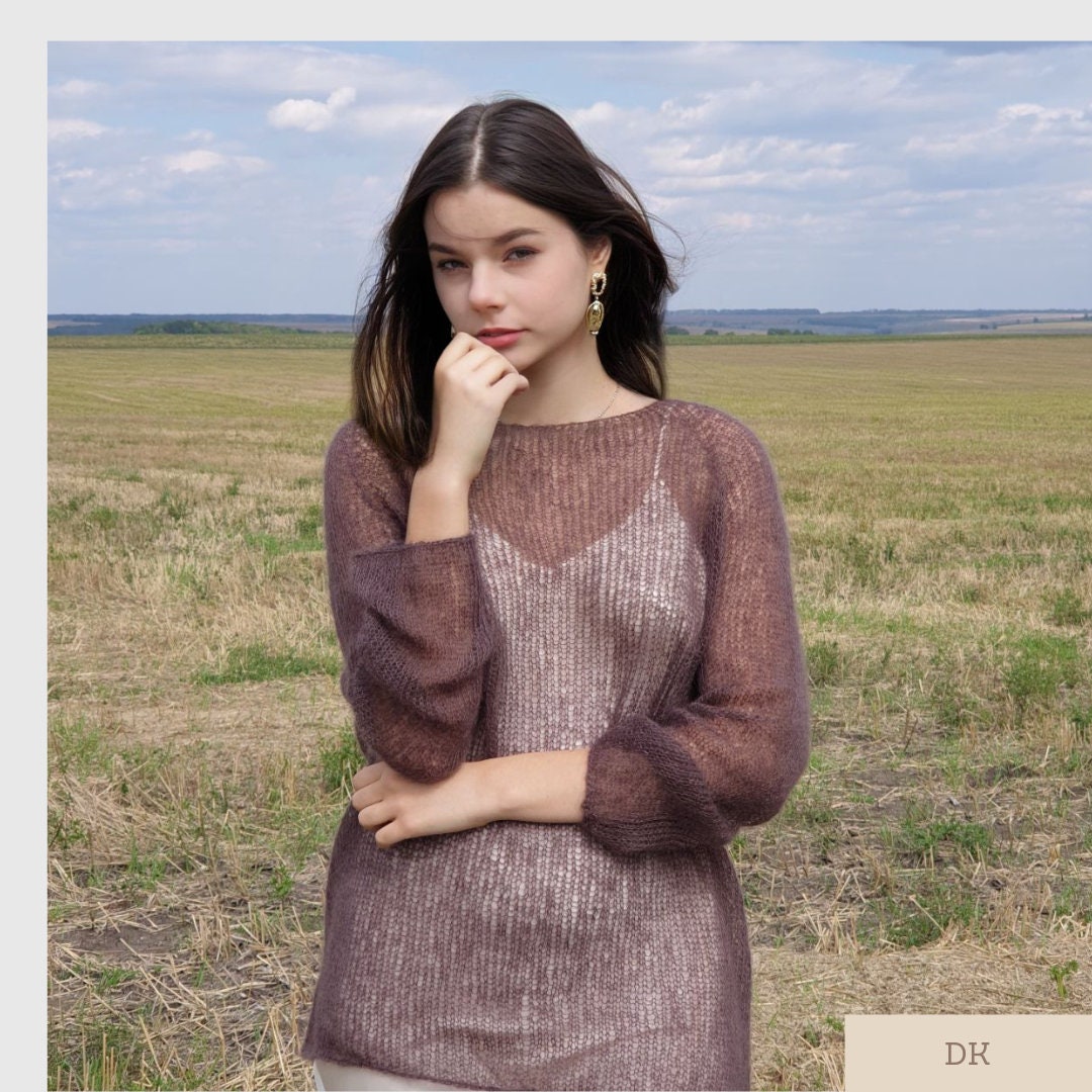 Dark Brown Knitted Sheer Pullover Handmade Mohair Sweater for Women ...