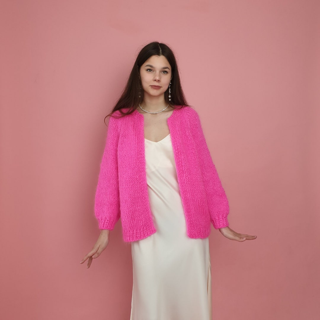 Bright Pink Cropped Mohair Cardigan, Hot Pink Knitted Bomber Jacket ...