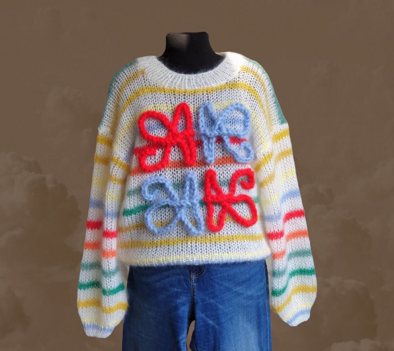 Multicolor Knit Sweater Personalized Sweater Woman Rainbow Mohair Crew ...