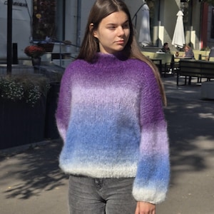 Gradient Sweater Blue Stripe Ombre Mohair Pullover Color Block Sweater ...