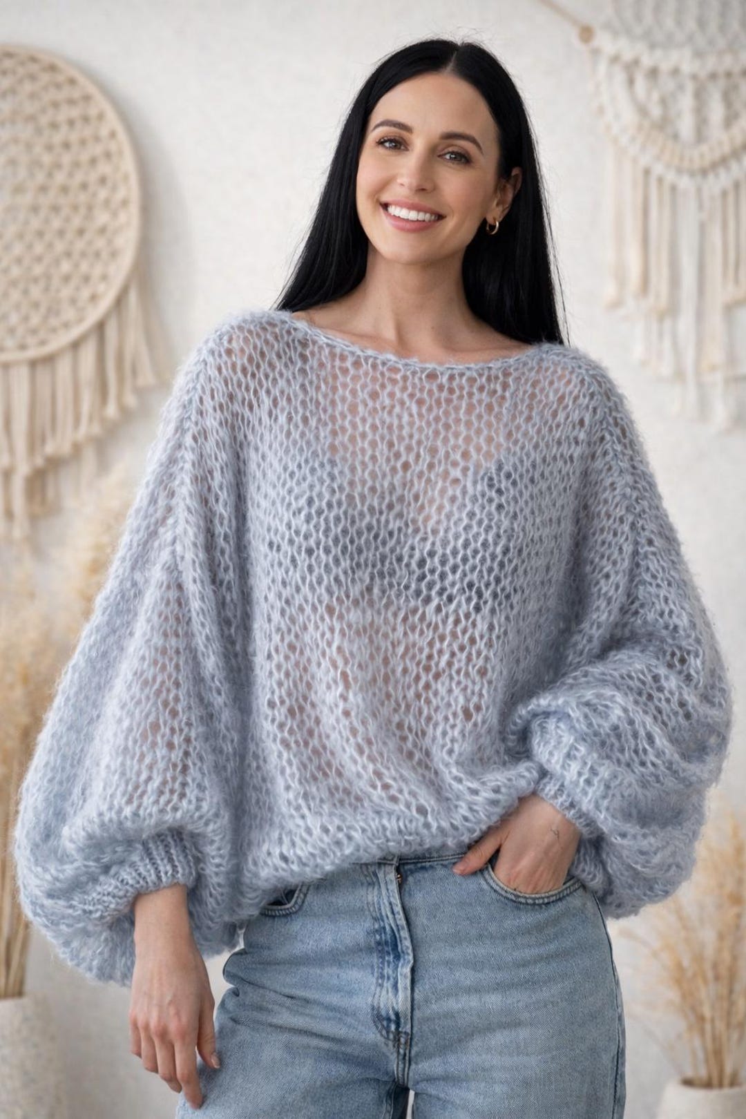Mohair Sweater White, Blue Knit Sweaters for Women Handmade, Holey ...