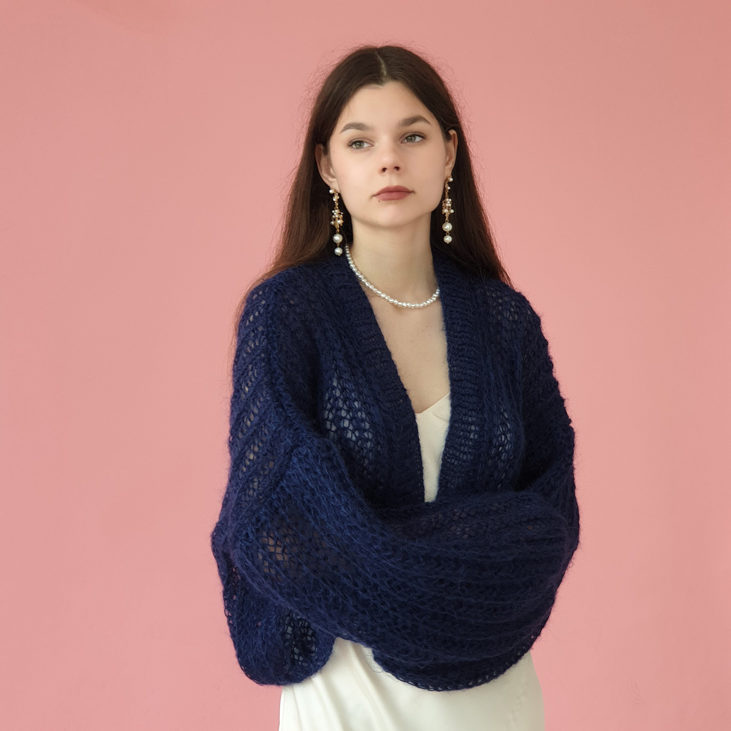 Navy Mohair Oversized V-neck Cardigan, Mohair Wrap Cardigan Balloon ...