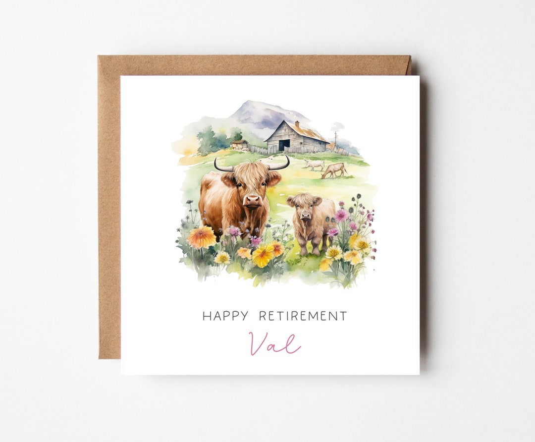 Personalised Highland Cow Retirement Card Happy Retirement Friend Mum ...