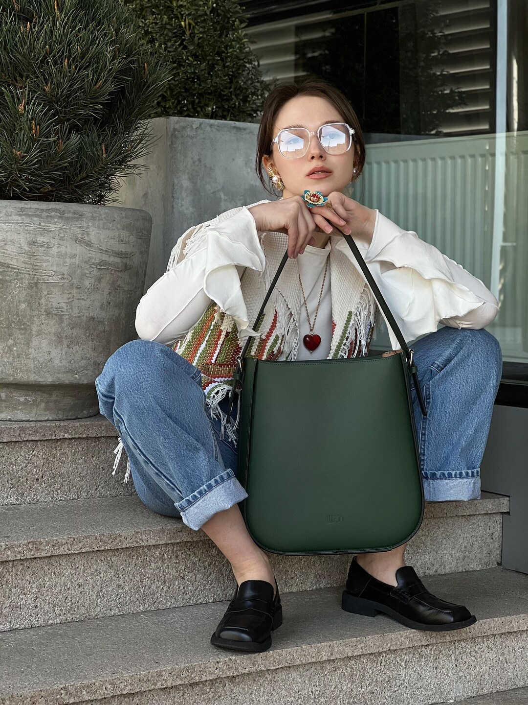 Large Green Leather Zipper Bag With Ajustable Strap, Structured Work ...