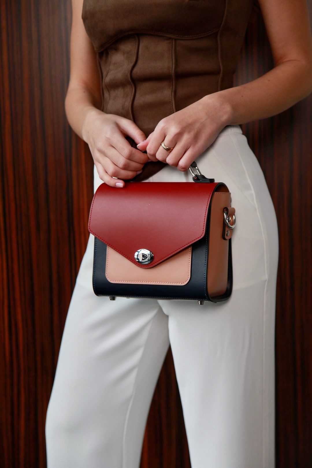 Handmade Color Block Leather Purse, Artistic Crossbody Bag for Women ...