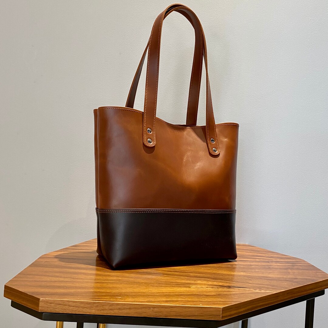 Two Tone Leather Tote Bag Brown Leather Tote Classic Leather Tote Bag ...