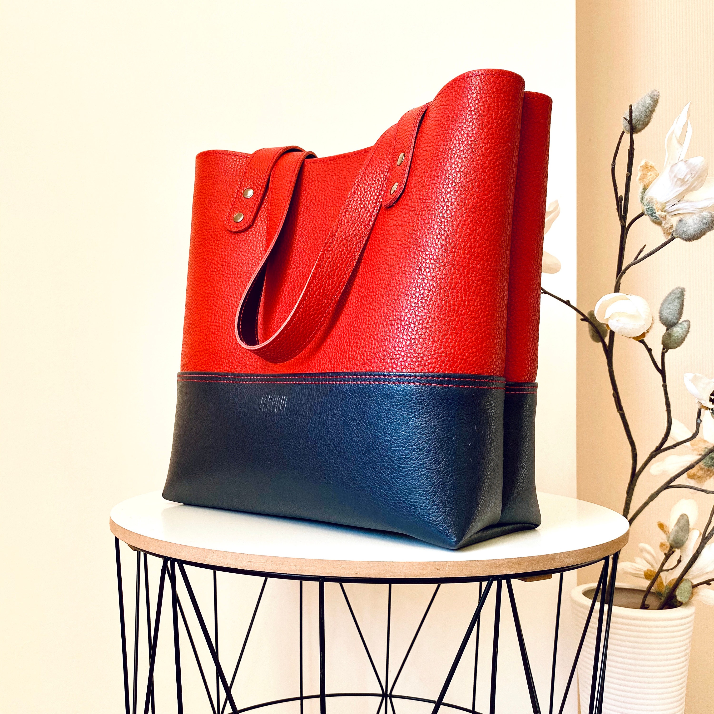 Two Tone Leather Tote Bag Classic Leather Tote Women - Etsy
