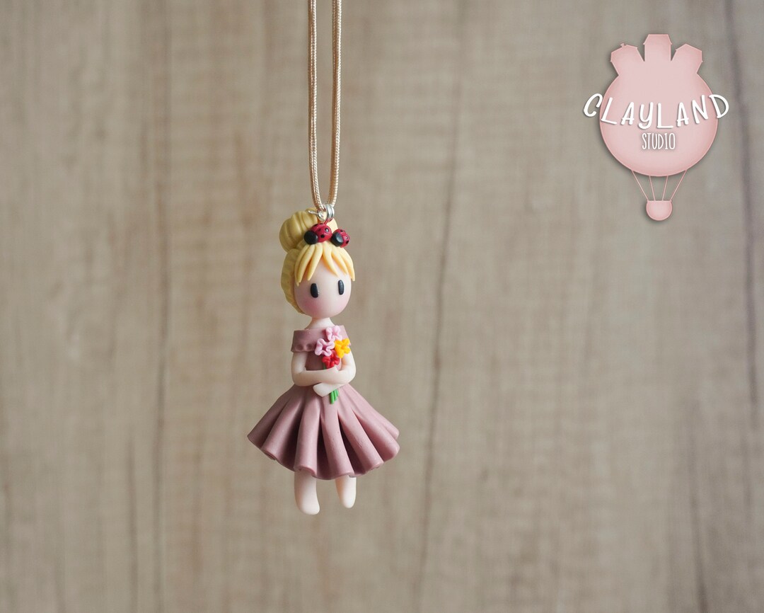 Polymer Clay Doll Pendant: Handmade Girl With Flowers - Etsy