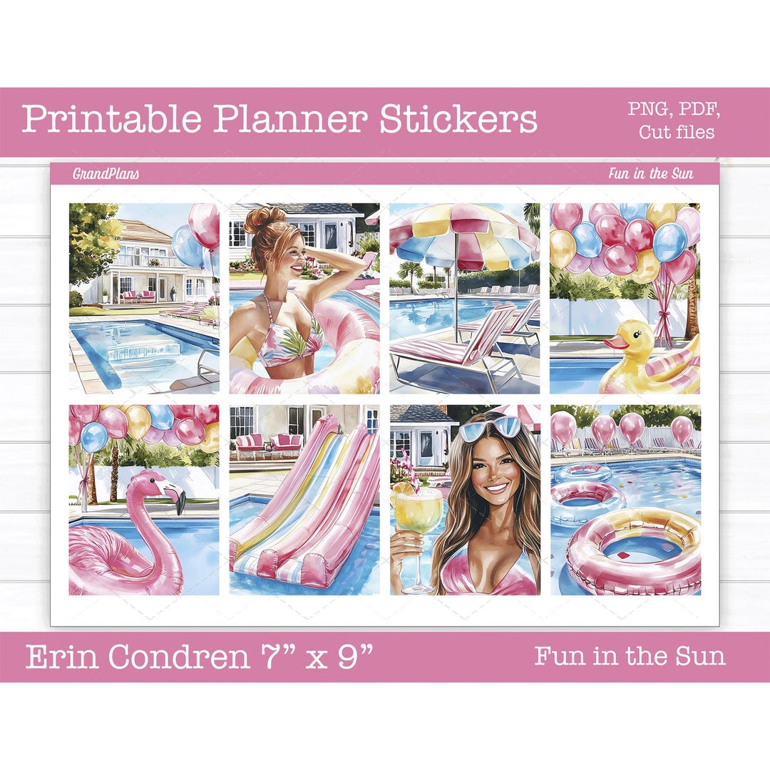 Printable Planner Stickers, Fun in the Sun, Vertical Stickers, Erin ...