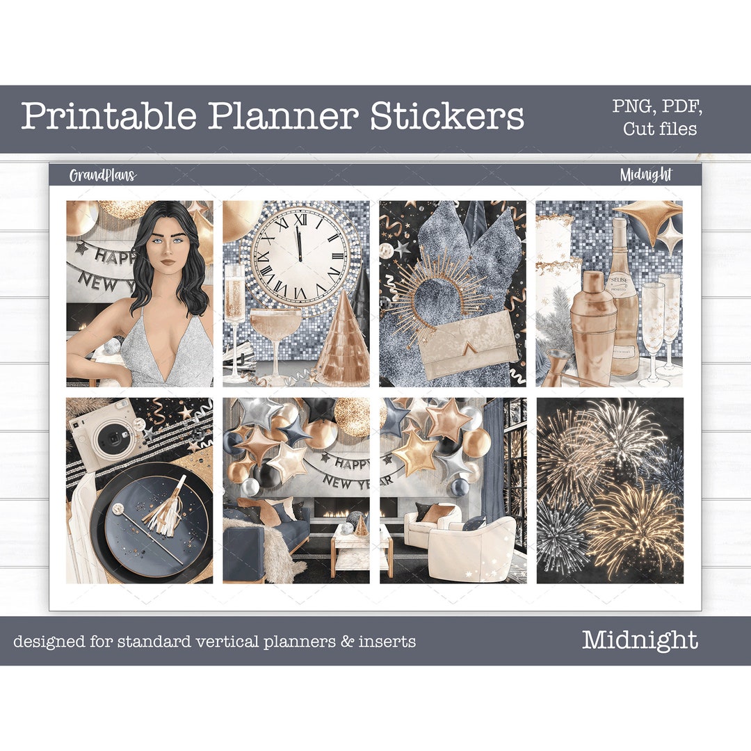 Midnight Planner Stickers | Printable New Year's Eve Weekly Sticker Kit ...