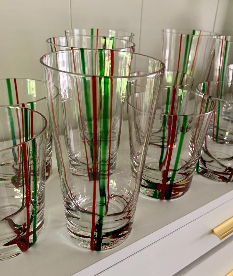 Handblown Red, Green Stripe Designed Short Tumbler Collectible Glass ...