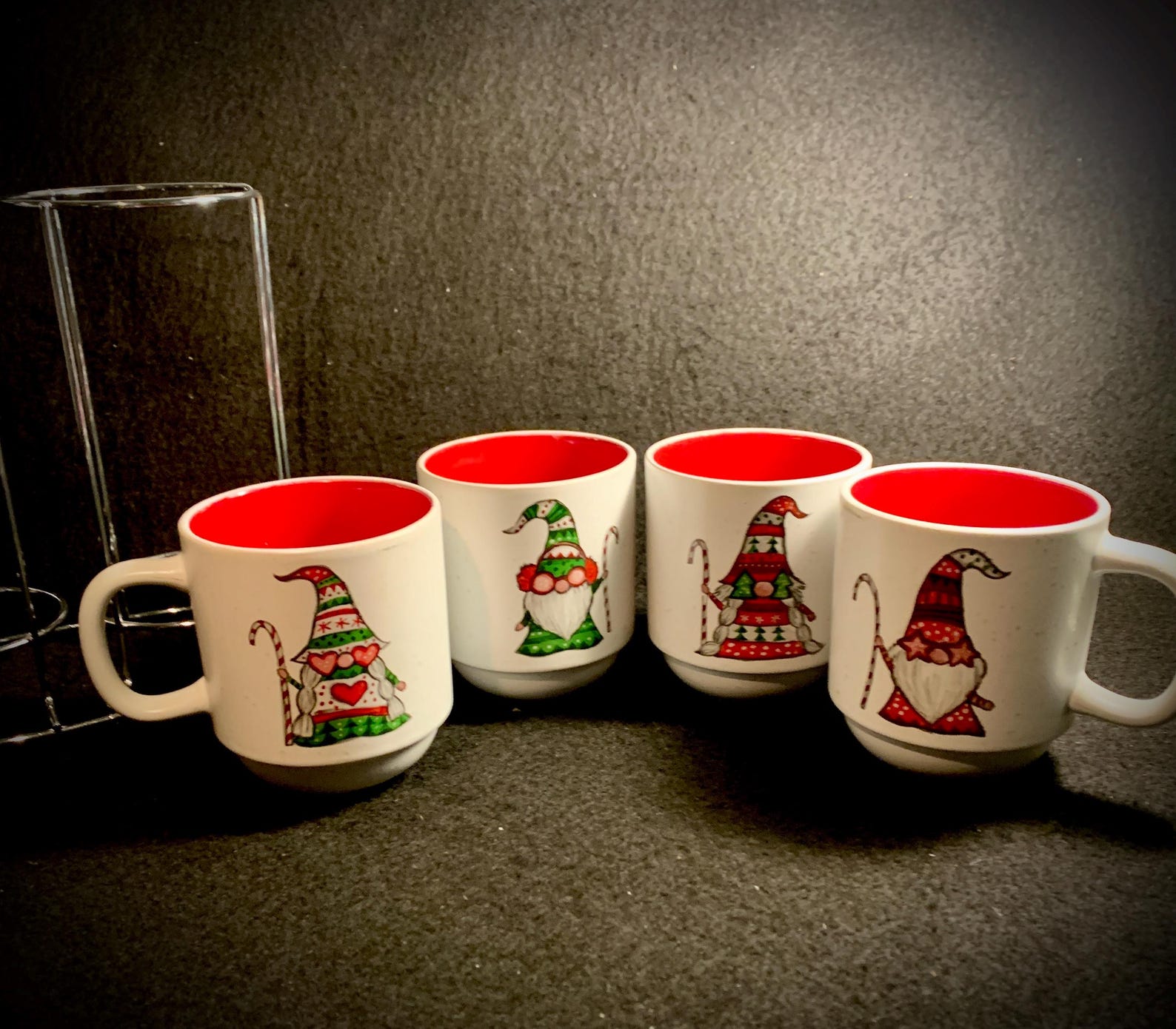 Vintage Holiday Gnome Stackable Coffee Cups in Stainless Steel Stand ...