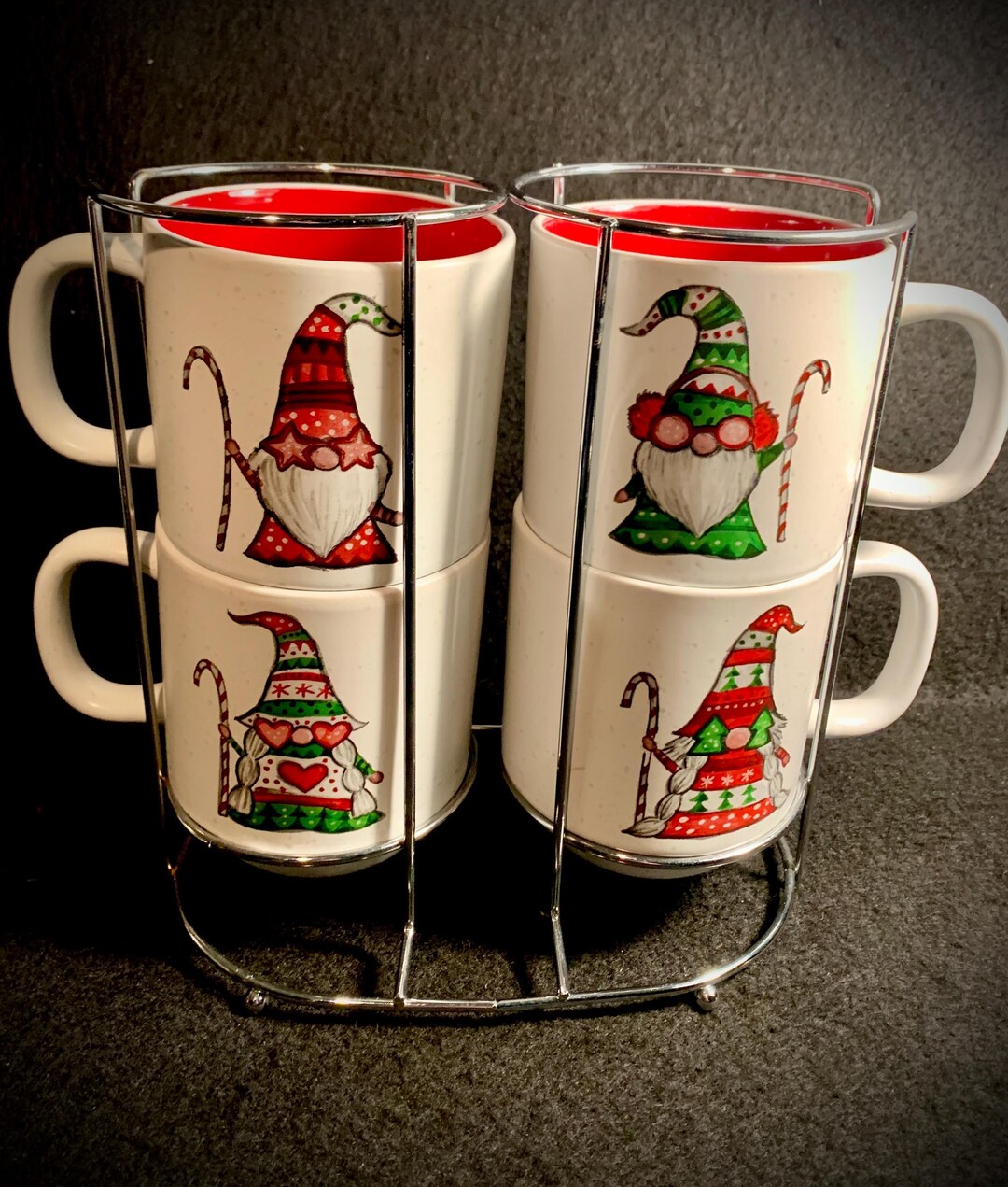 Vintage Holiday Gnome Stackable Coffee Cups In Stainless Steel Stand Set Of 4 Etsy