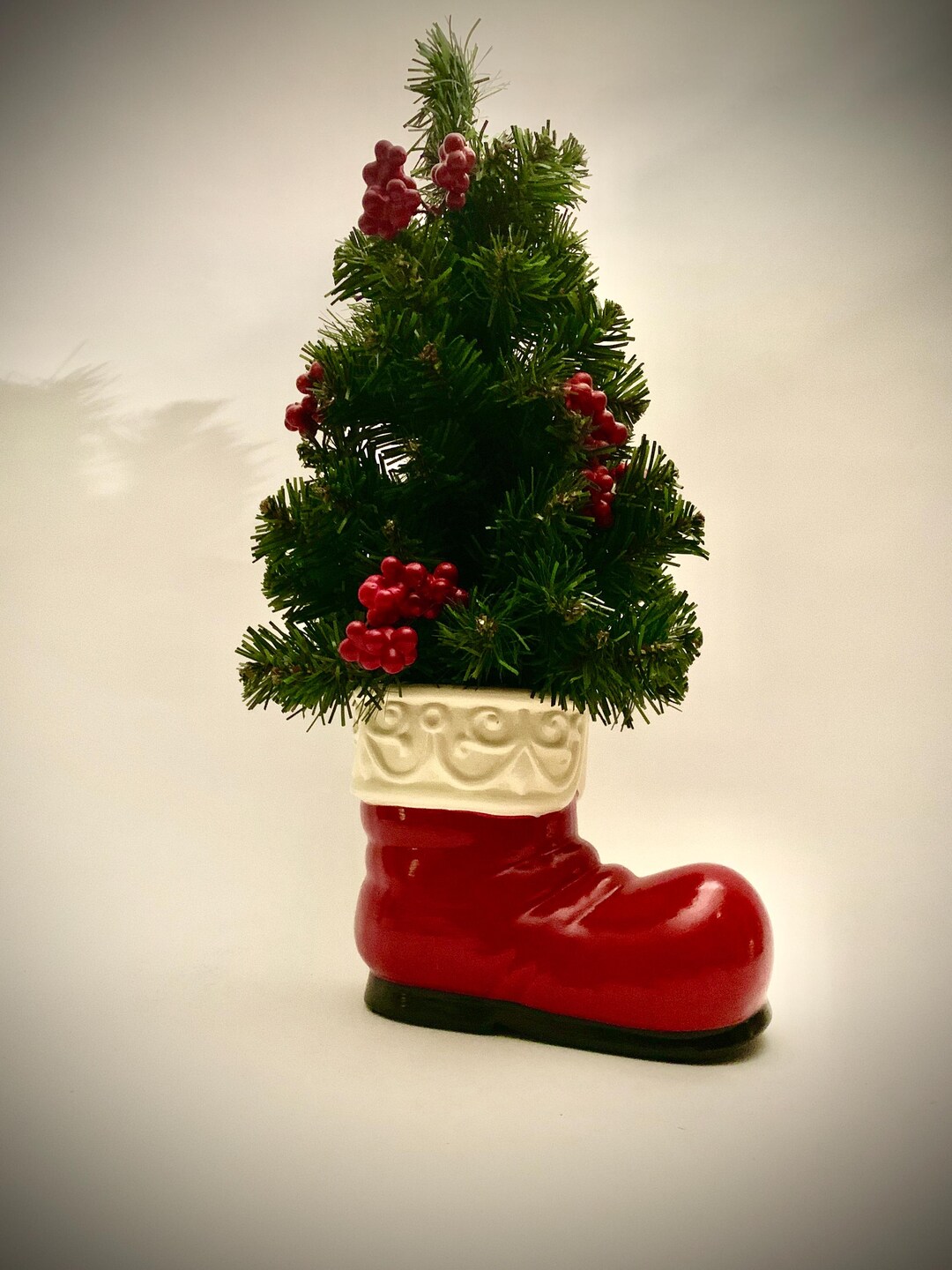 Vintage 1960s Era Ceramic Santa Boot Vase With Original Greenery, Tree ...