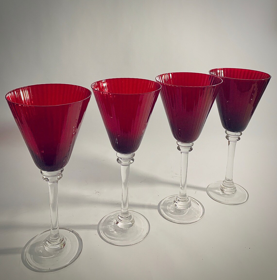 Ruby Red Fluted / Ribbed Wine Glasses With Clear Stem Set of - Etsy
