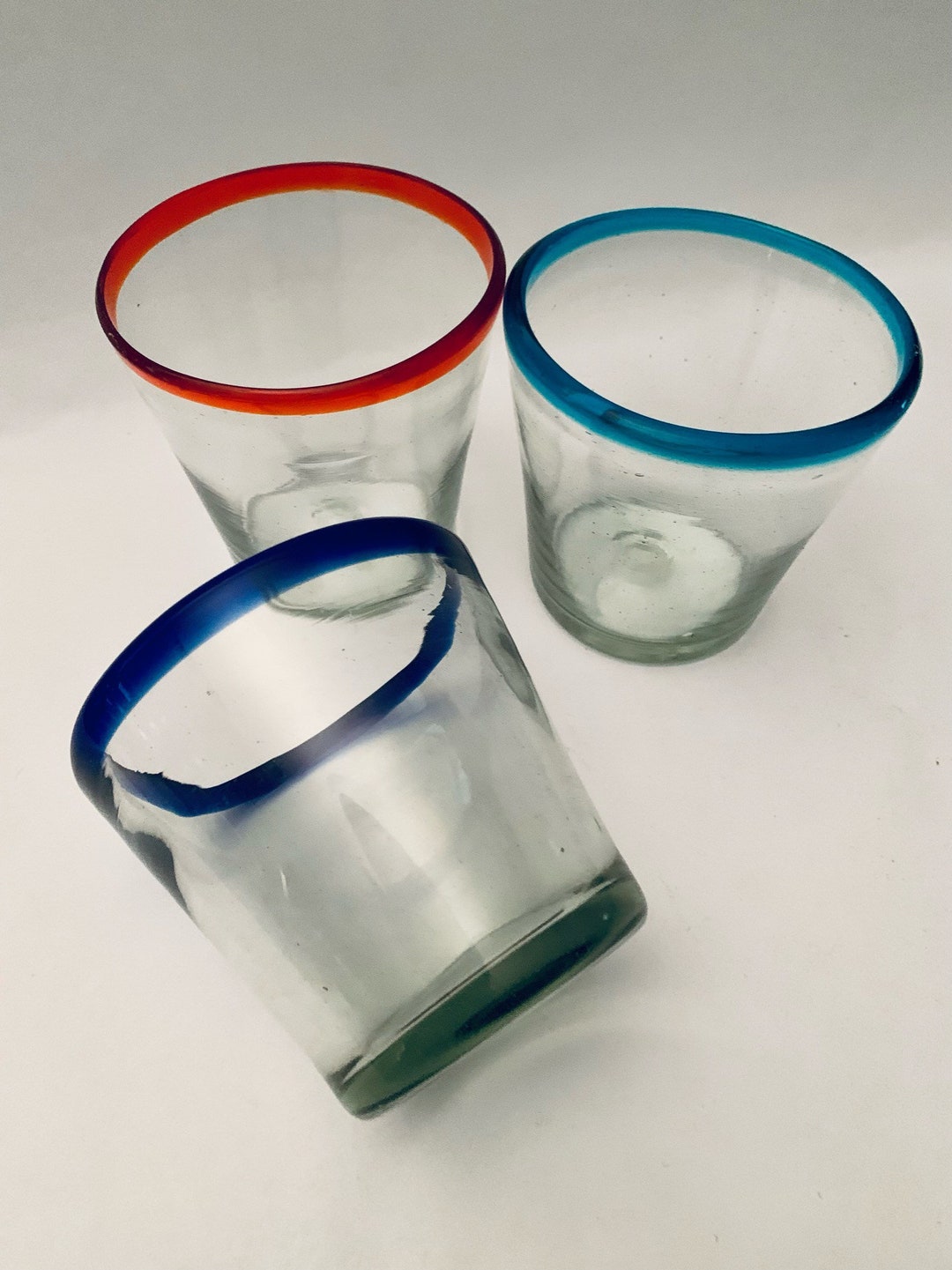 Hand Blown Glass Double Old Fashion (DOF) Glasses W/ Colored Rims - Set ...