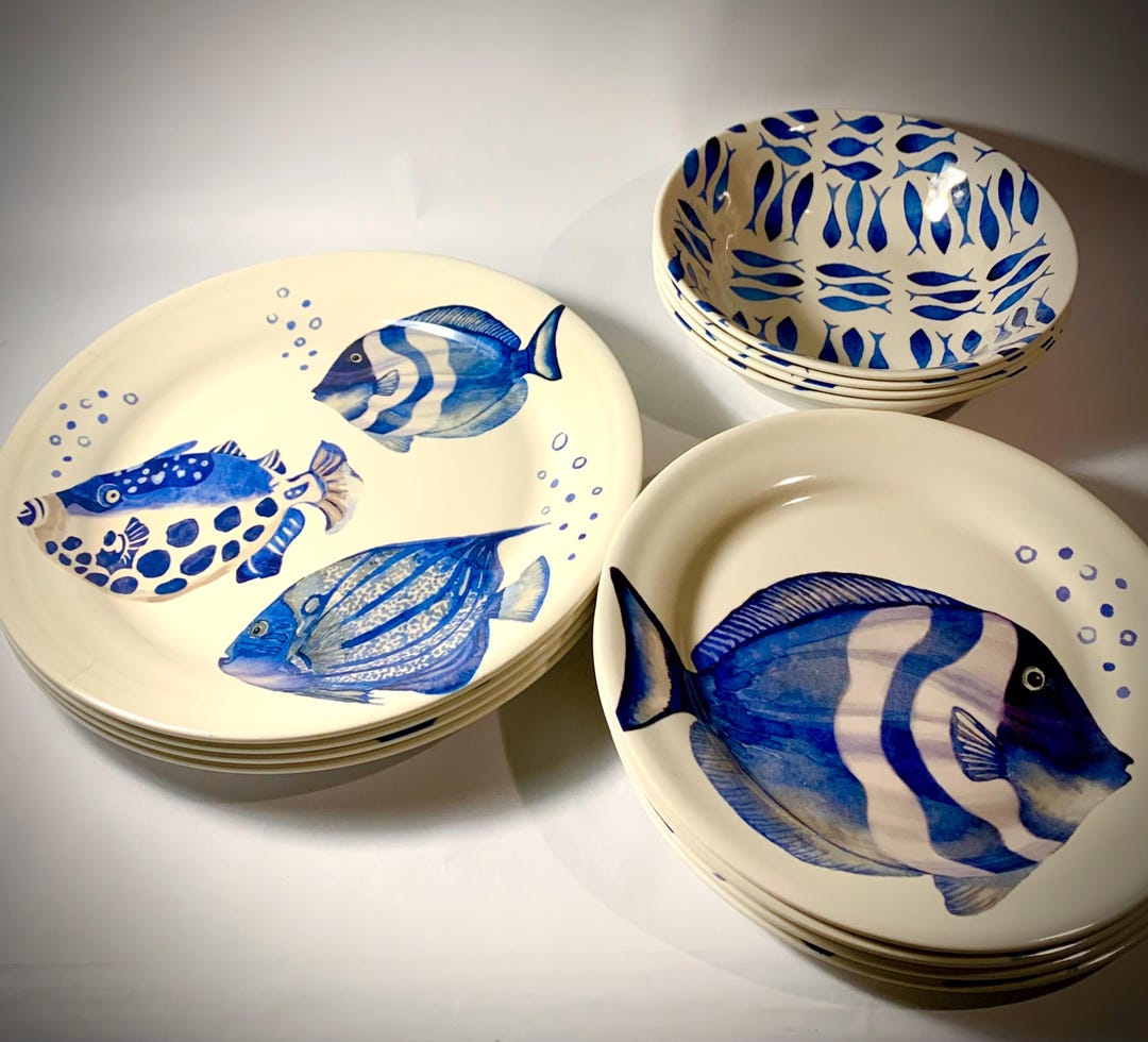 Pier 1 Melamine Dinnerware Set: Beach House Fish Design, 12-piece - Etsy
