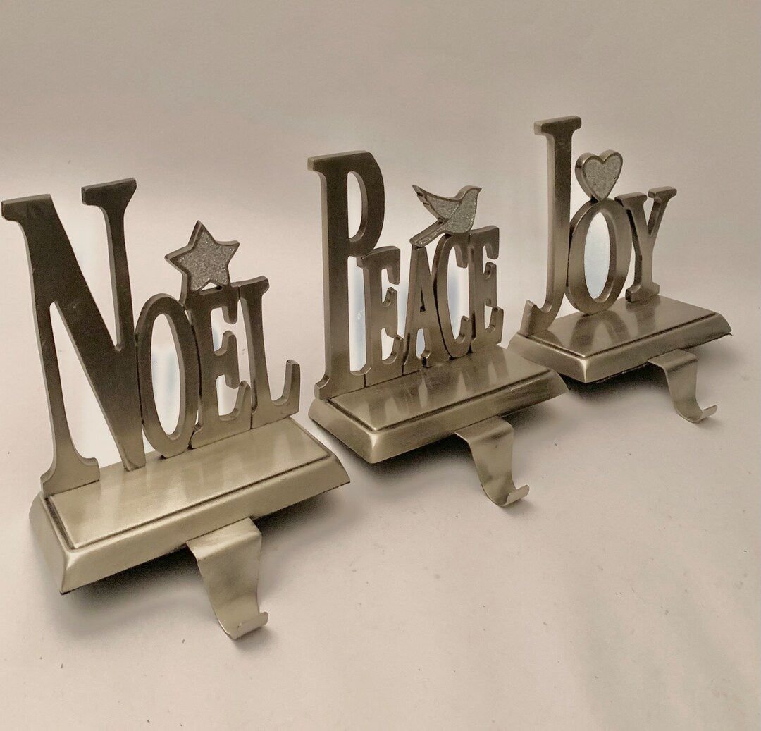 Silvertone Christmas Stocking Holder Set – Noel, Peace, Joy Stocking ...