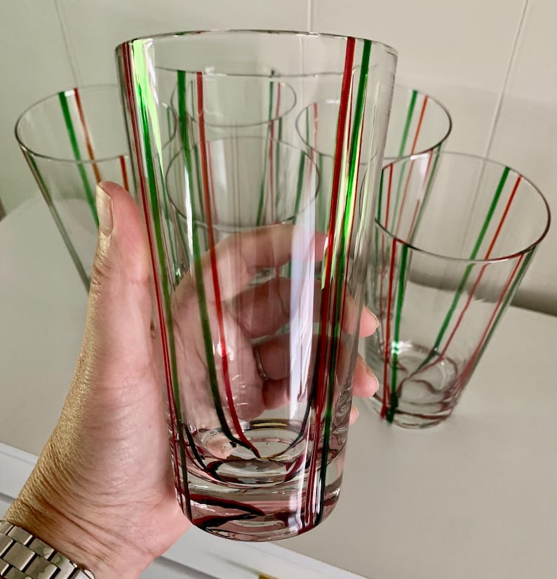 Handblown Red, Green Stripe Designed Short Tumbler Collectible Glass ...