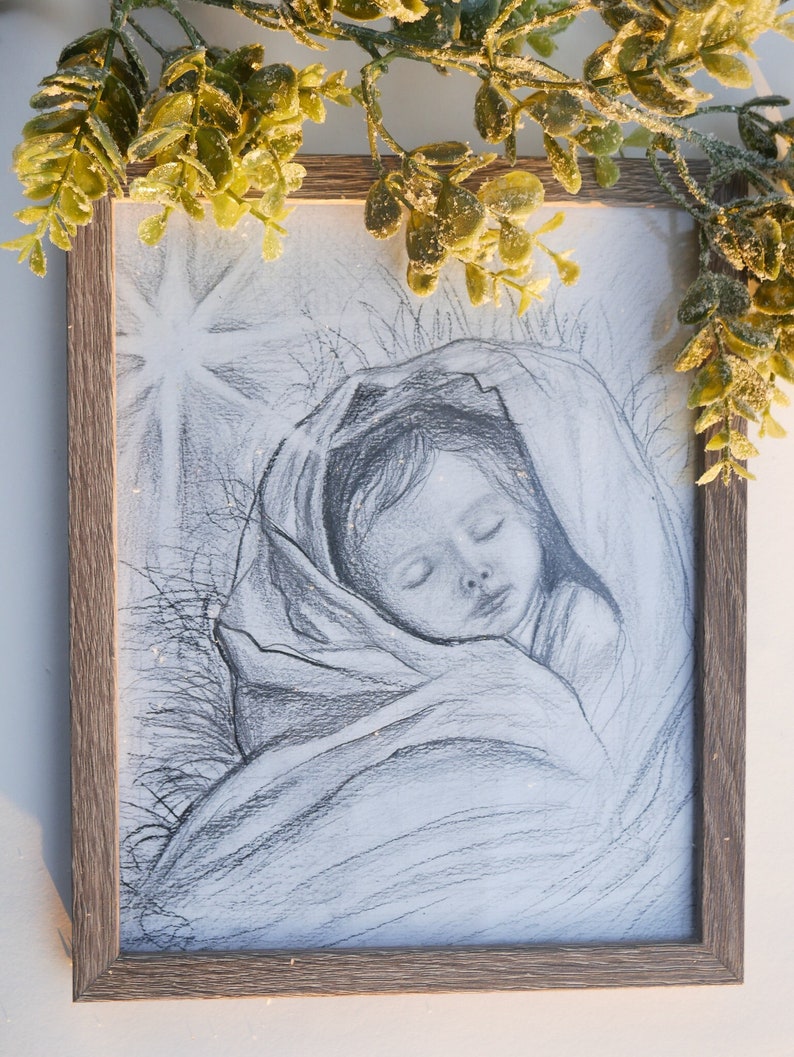 Original Nativity Art, Baby Jesus Charcoal Drawing, Framed Christmas ...