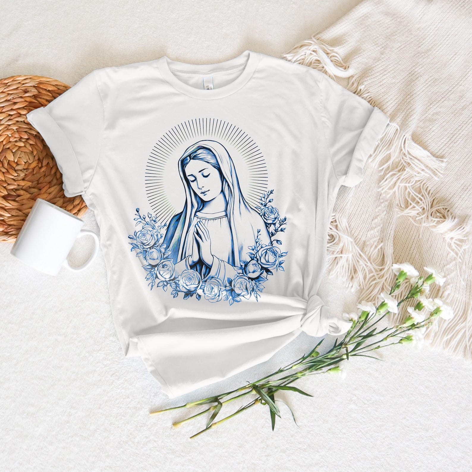 Blessed Virgin Mary T-shirt, Catholic Floral Apparel - Etsy