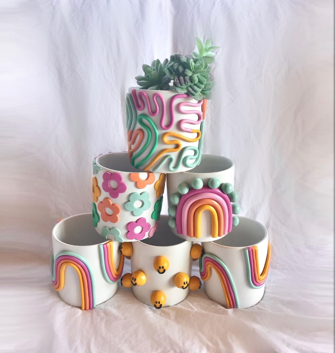 Retro Eclectic Colorful Planters/ Cute Ceramic Planter/ Rainbow Pot ...