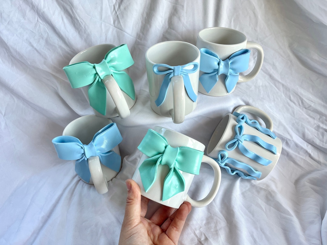Coquette Blue Bow Mugs/ Cute Ceramic Mug/ Girly Pop Coffee Mug/ Bow ...
