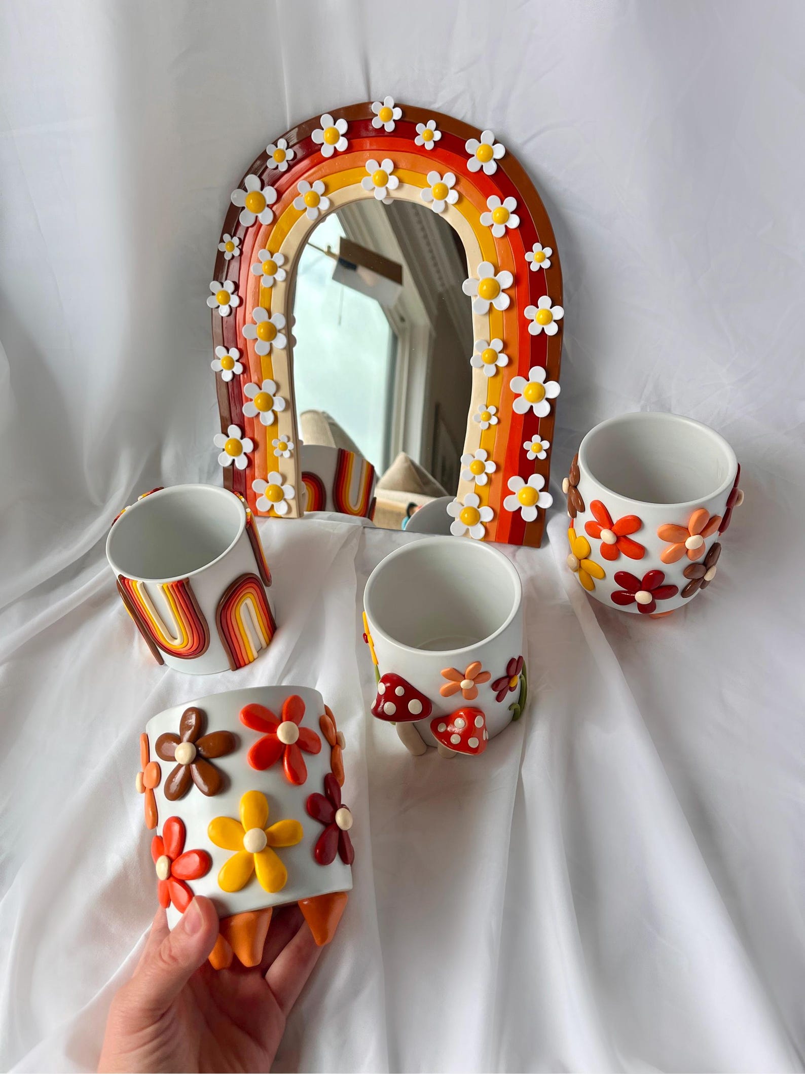 Handmade 70s Rainbow Daisy Mirror: Retro Clay Wall Decor - Etsy