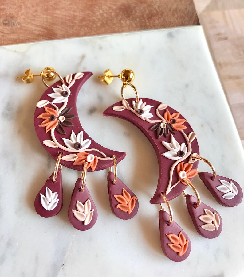 Floral Moon Earrings/ Maroon Moon Earrings/ Statement - Etsy