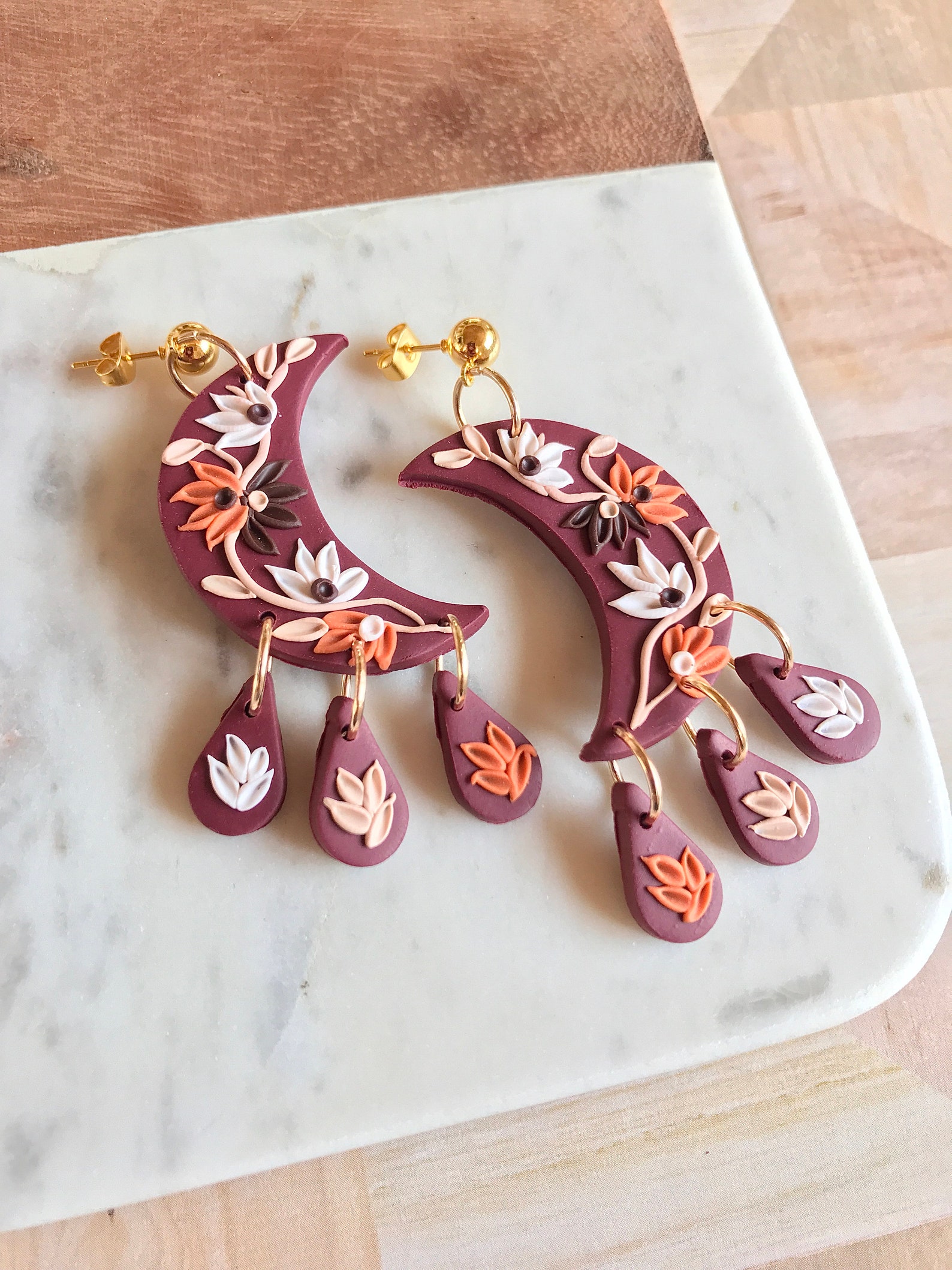 Floral Moon Earrings/ Maroon Moon Earrings/ Statement - Etsy