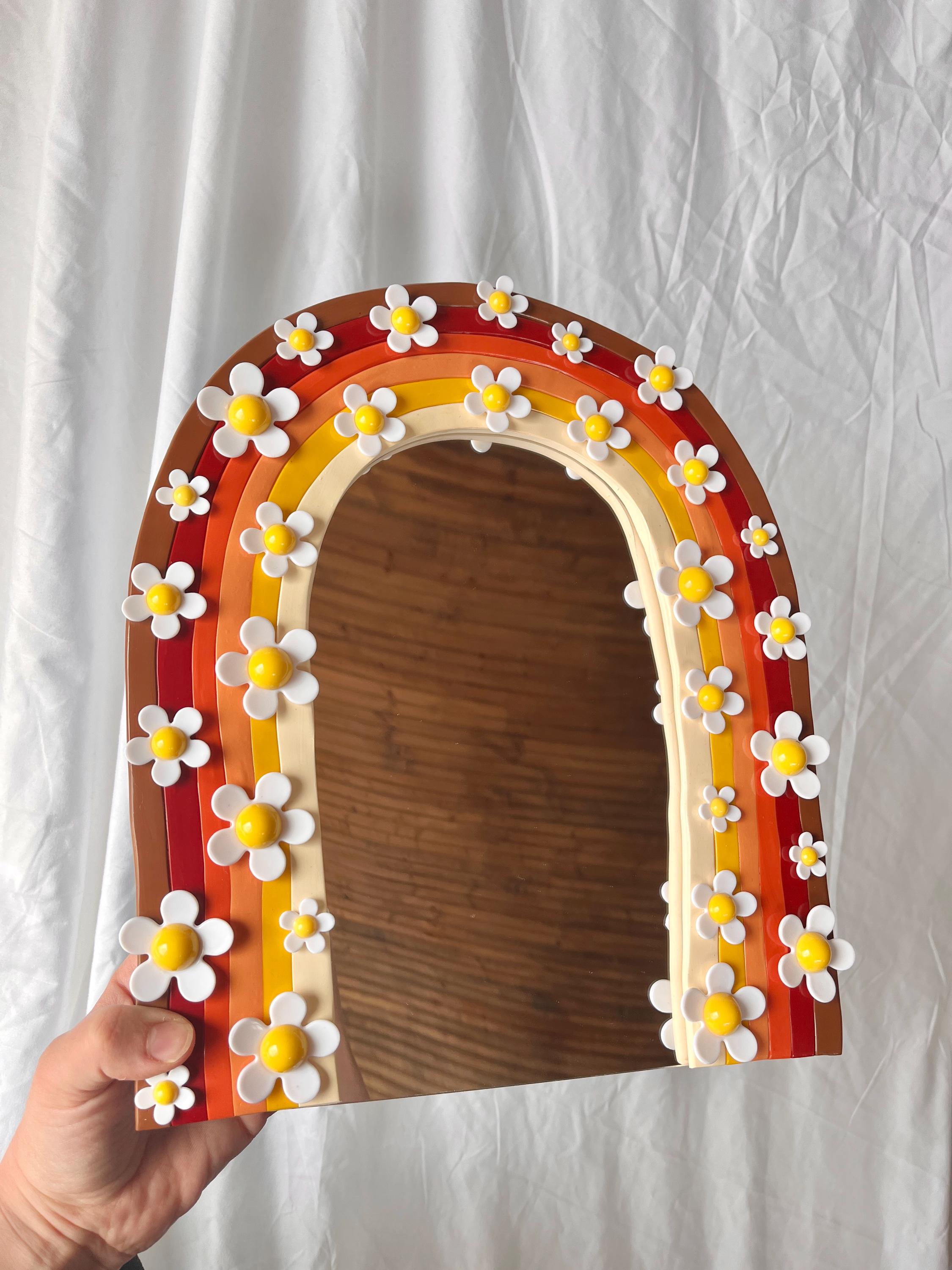Handmade 70s Rainbow Daisy Mirror: Retro Clay Wall Decor - Etsy