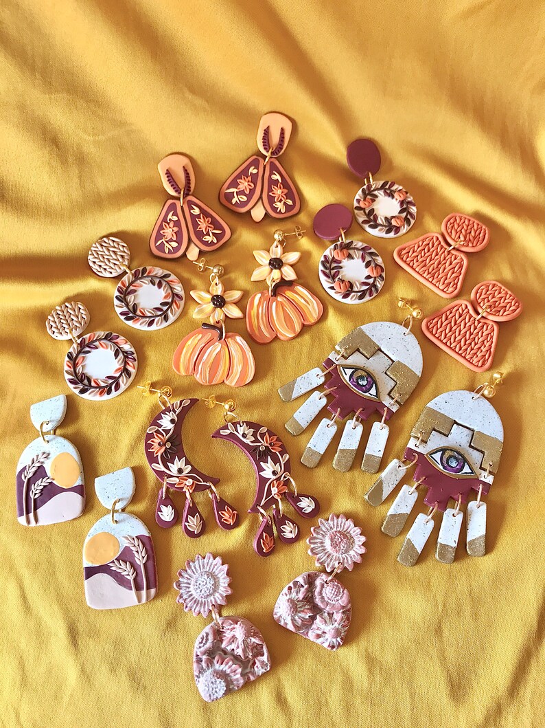 Floral Moon Earrings/ Maroon Moon Earrings/ Statement Earrings/ Modern ...