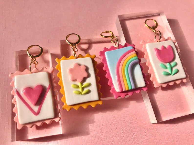 Postage Stamp Earrings/ Rainbow Tulip Daisy Heart Stamp Earring/ Cute ...