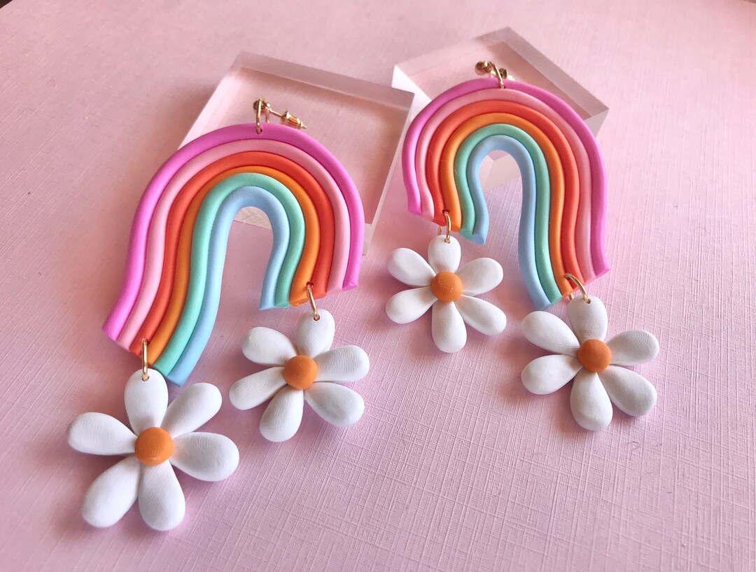 Groovy Oversized Colorful Rainbow Daisy Statement Earrings/ Retro ...
