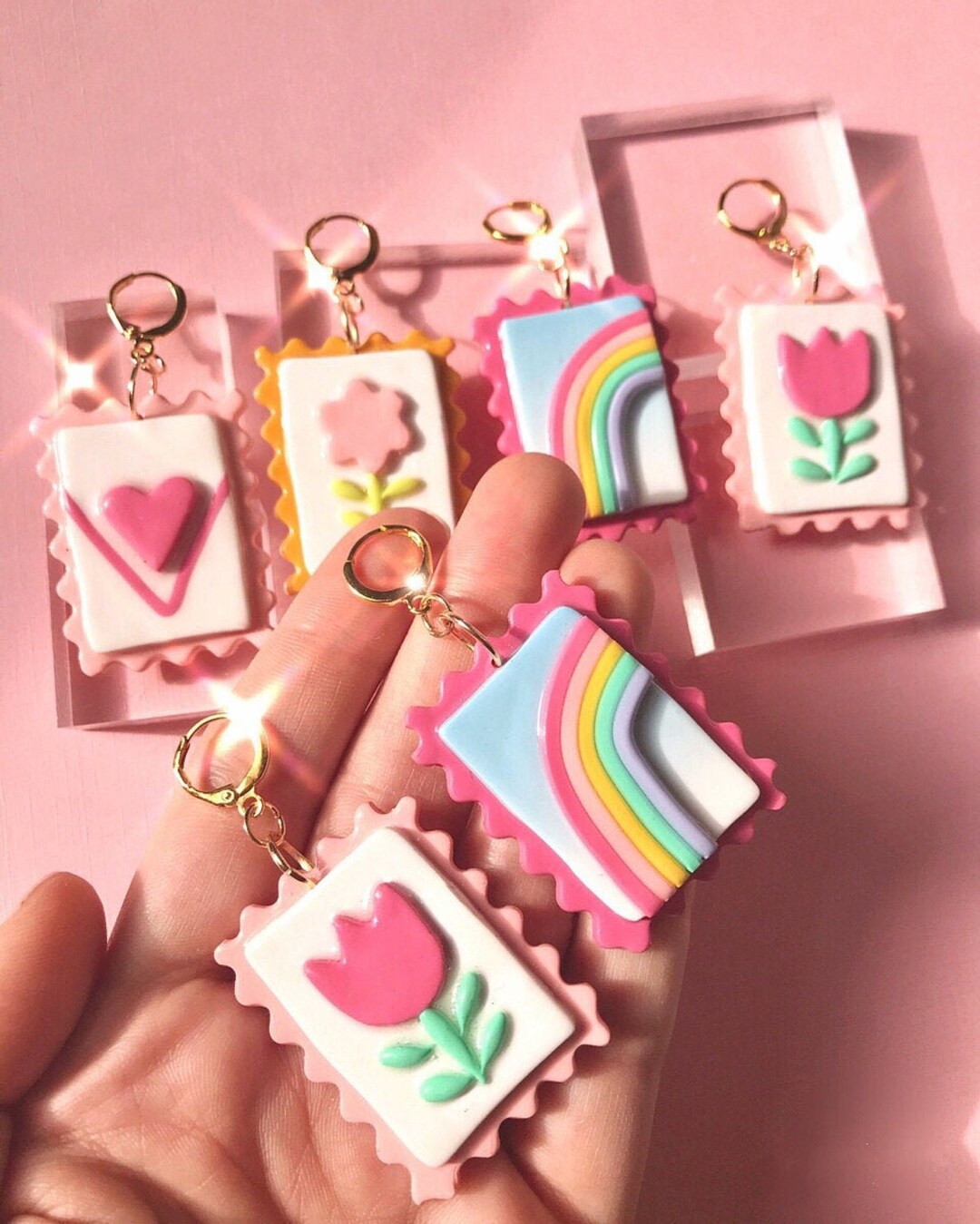 Postage Stamp Earrings/ Rainbow Tulip Daisy Heart Stamp Earring/ Cute ...
