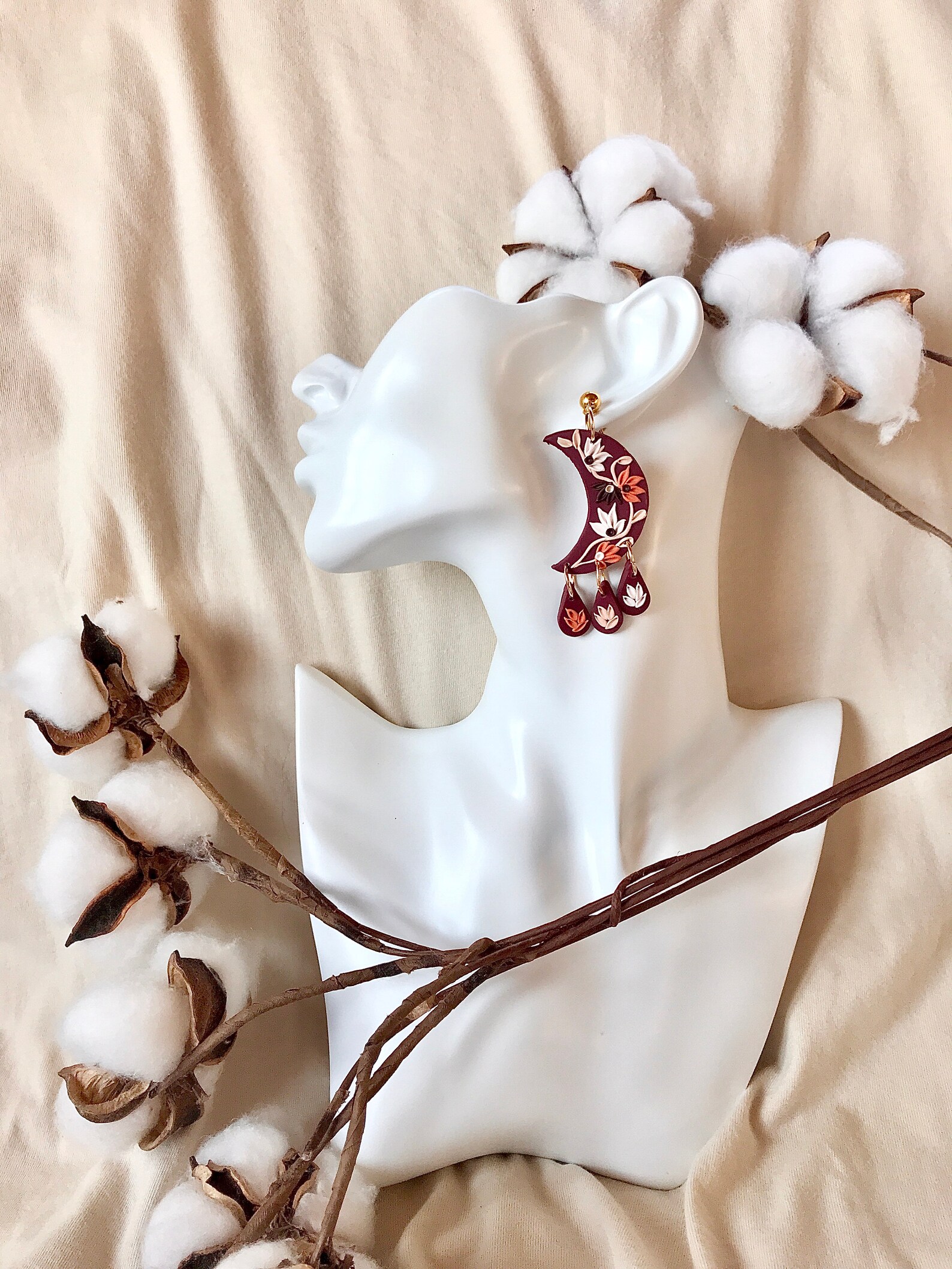 Floral Moon Earrings/ Maroon Moon Earrings/ Statement - Etsy