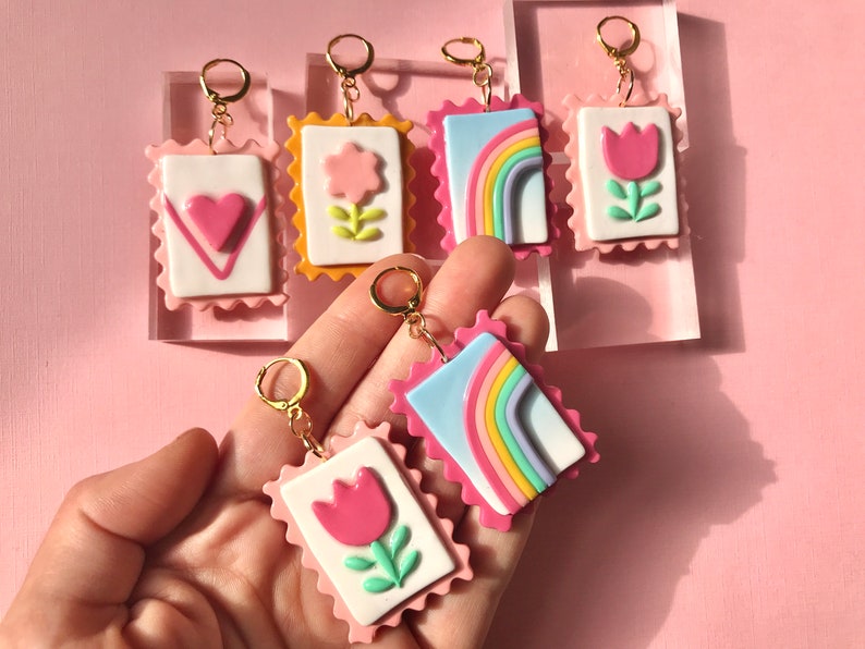 Postage Stamp Earrings/ Rainbow Tulip Daisy Heart Stamp Earring/ Cute ...